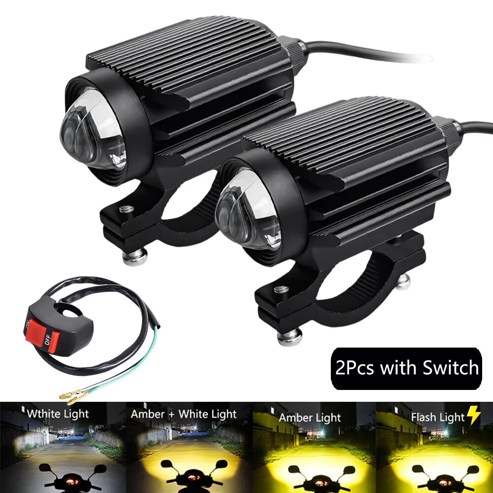 Дополнительные светодиодные фары 12 В для мотоцикла, противотуманные фары, лампа, вспомогательные прожекторы, линзы, передние фары дальнего/ближнего света/стробоскопического света 2 Light And Switch