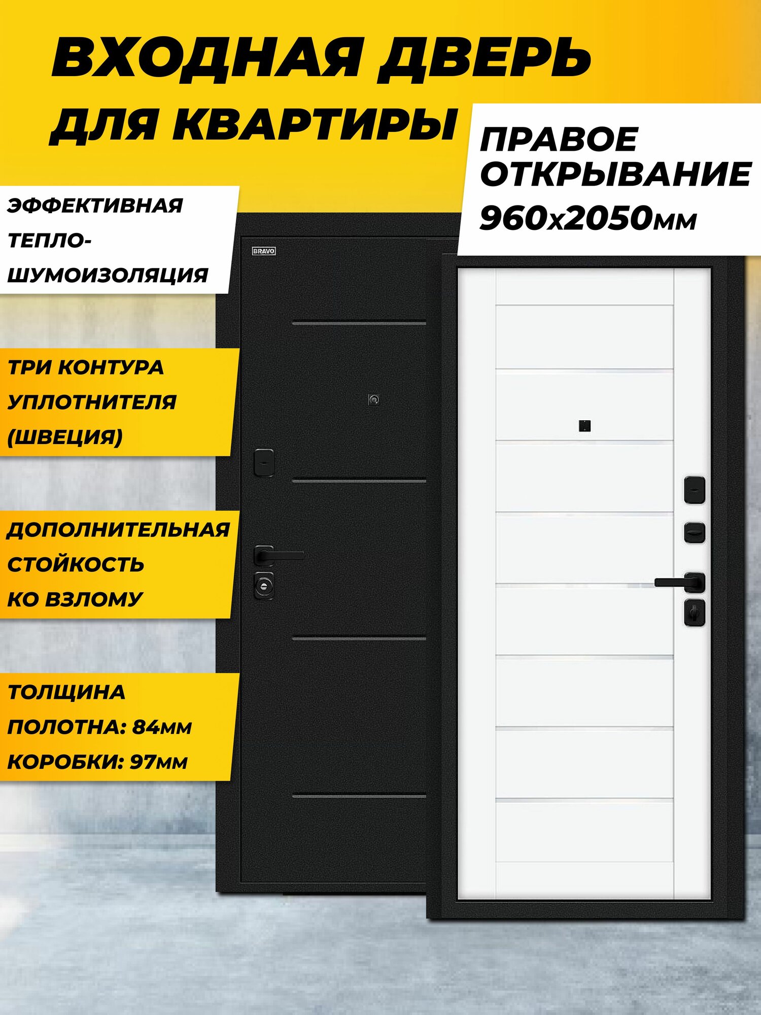 Входная дверь металлическая для квартиры Техно/SBlack Букле черное/White Silk правая 2050*960