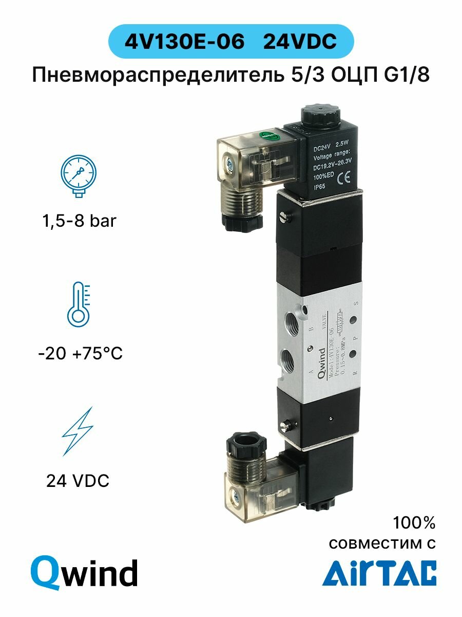 Пневмораспределитель Qwind 4V130E-06 DC24V, G1/8, функция 5/3 открытая центральная позиция