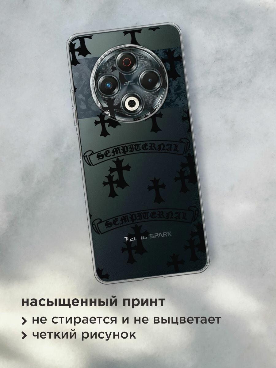 Чехол на Tecno Spark 30 / Текно Спарк 30 с принтом "Кресты паттерн чёрный", прозрачный — фото 1