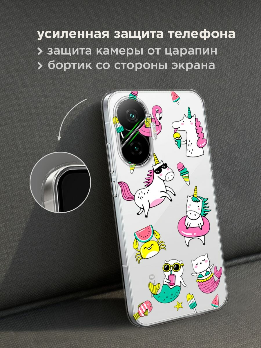 Чехол на Poco F7 / Поко F7 с принтом "Единороги в отпуске", прозрачный — фото 1
