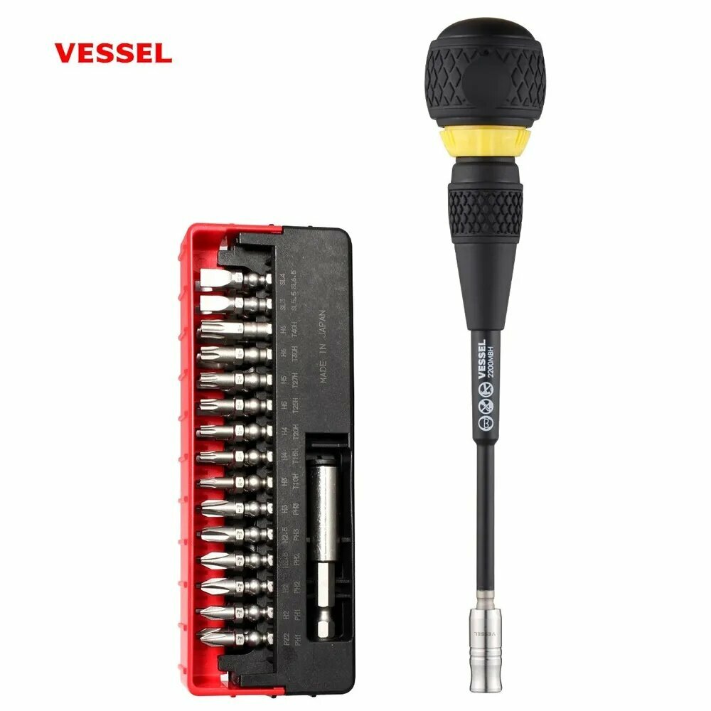 Япония VESSEL 1/4", 31 в 1 Набор отвертка с трещоткой, магнитный, с набором бит 2200MBH31