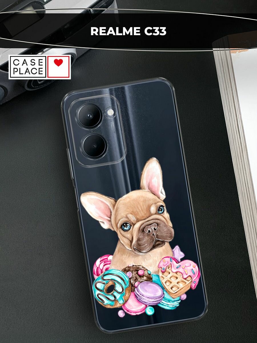 Чехол на Realme C33 / Реалми С33 с принтом "Бульдог и сладости", прозрачный