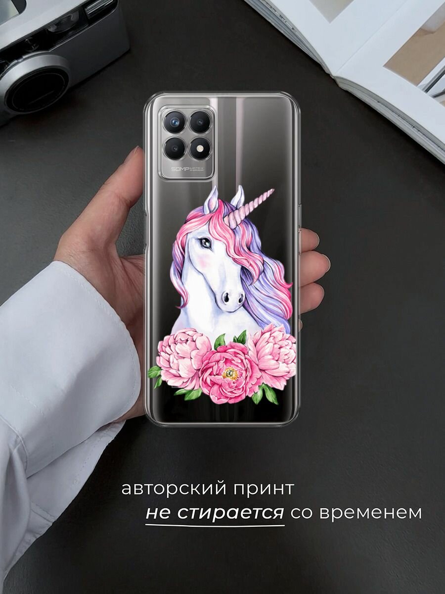 Чехол на Realme 8i / Реалми 8i с принтом "Единорог с пионами", прозрачный — фото 1