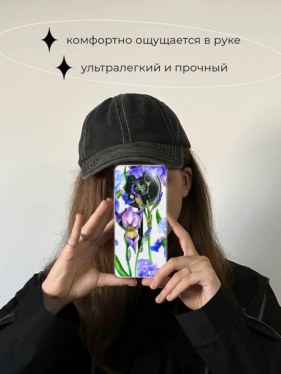 Чехол на Itel RS4 / Ител РС4 с принтом "Синие ирисы", прозрачный — фото 1
