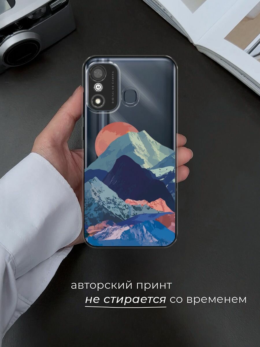 Чехол на Itel A27 / Ител А27 с принтом "Закат в снежных горах", прозрачный — фото 1