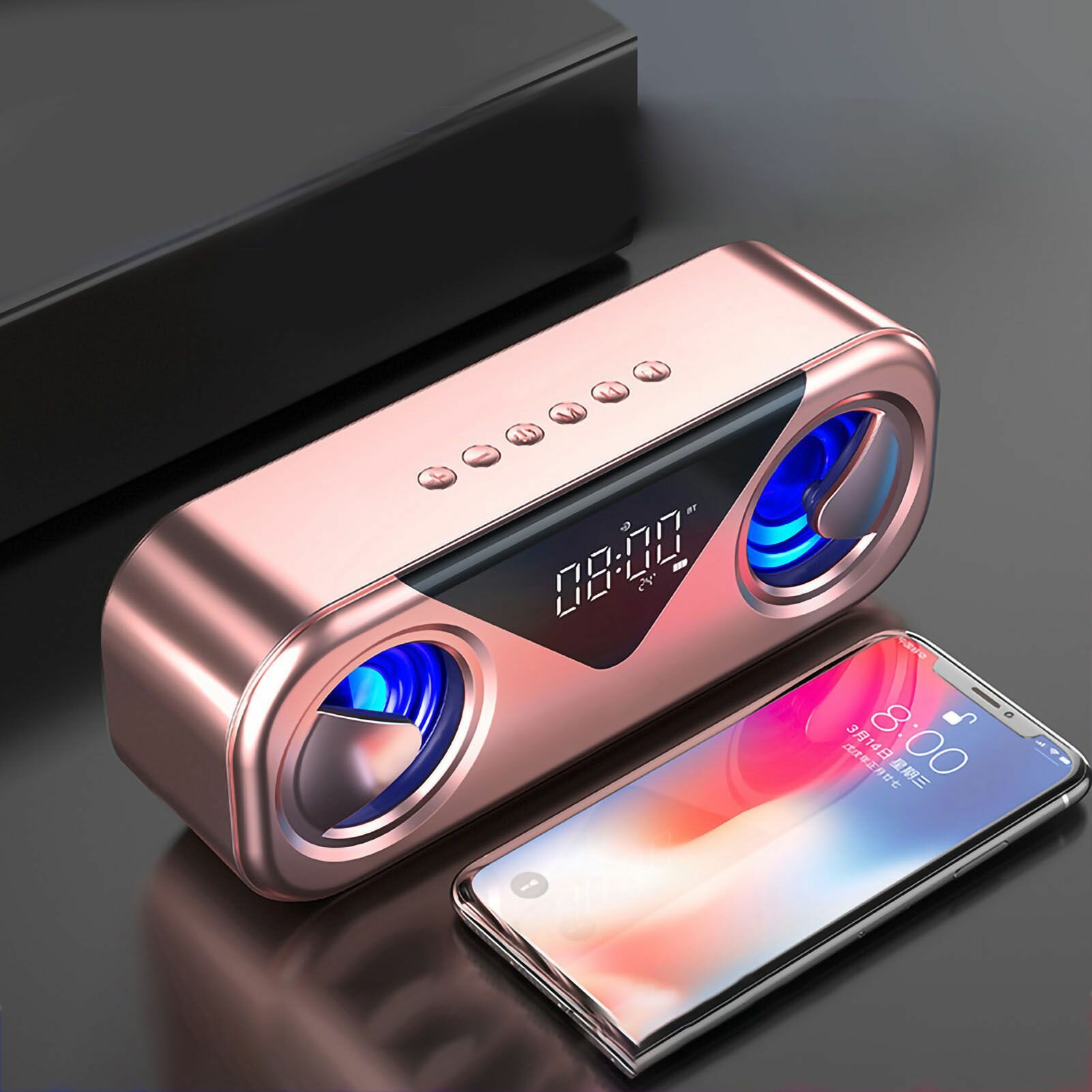 Bluetooth-динамик H9, две беспроводные колонки с дисплеем температуры, будильником, воспроизведением на U-диске, розовое золото для домашнего компьютера