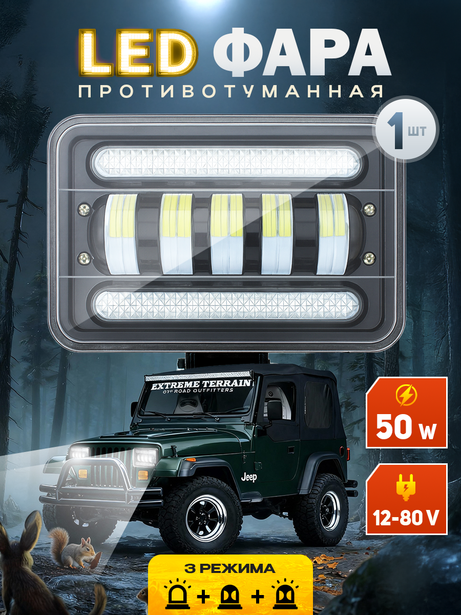 Фара светодиодная противотуманная, 12-80V, 50W (168х110мм, 5 LED)