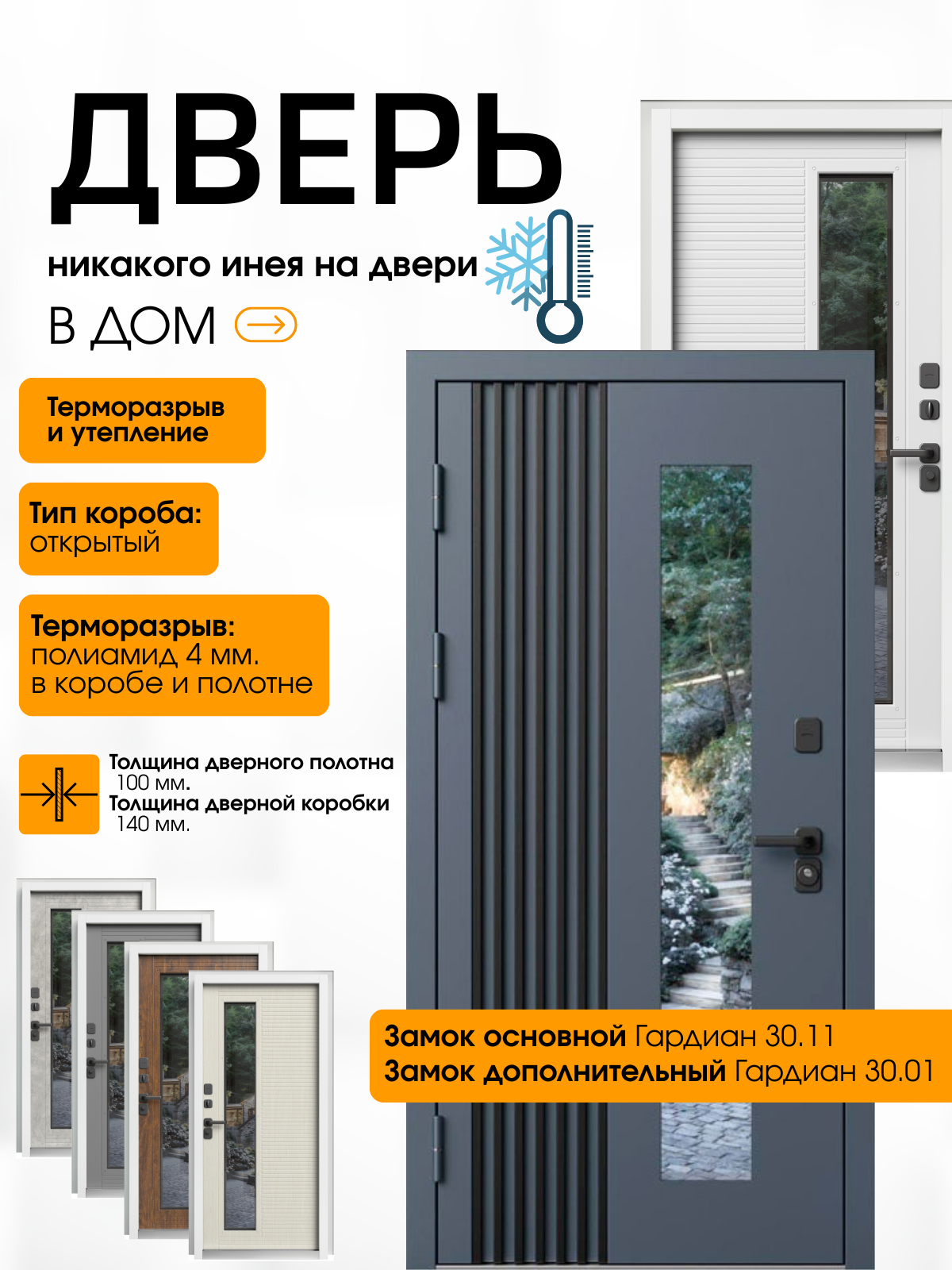 Дверь с терморазрывом уличная Термо Фортис (белый короб изнутри) + белый софт, размер по коробке 960х2050, левая