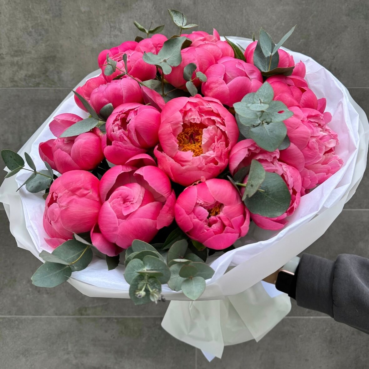 Букет из коралловых пионов 15 шт с эвкалиптом, красивый букет цветов, шикарный, премиум цветы, премиум букет