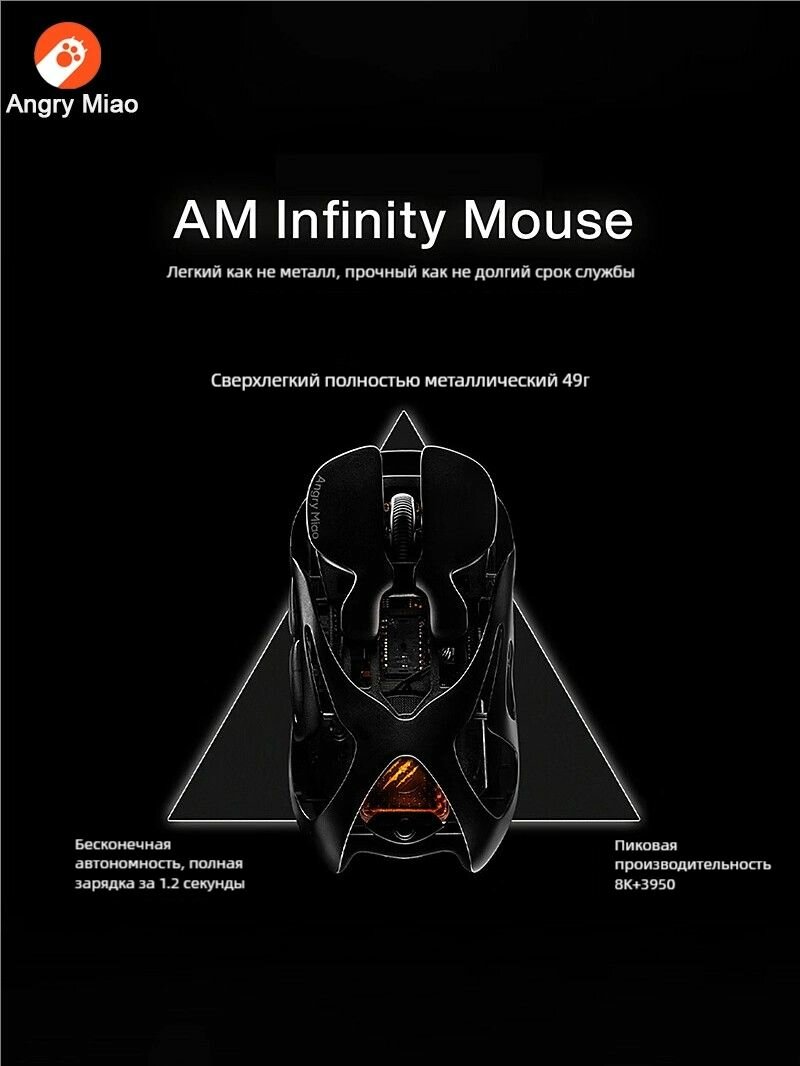 Игровая мышь Angry miao AM Infinity Mouse, неограниченное время работы от батареи 2.4G/беспроводная связь/Bluetooth, легкий магниево-алюминиевый сплав, 49 г, PAW3950 8K, черный