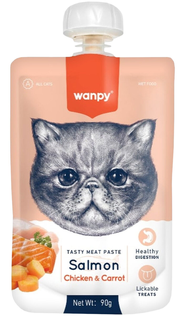 Лакомство WANPY CAT для кошек, мясной мусс с лососем, курицей, морковью, 90 г