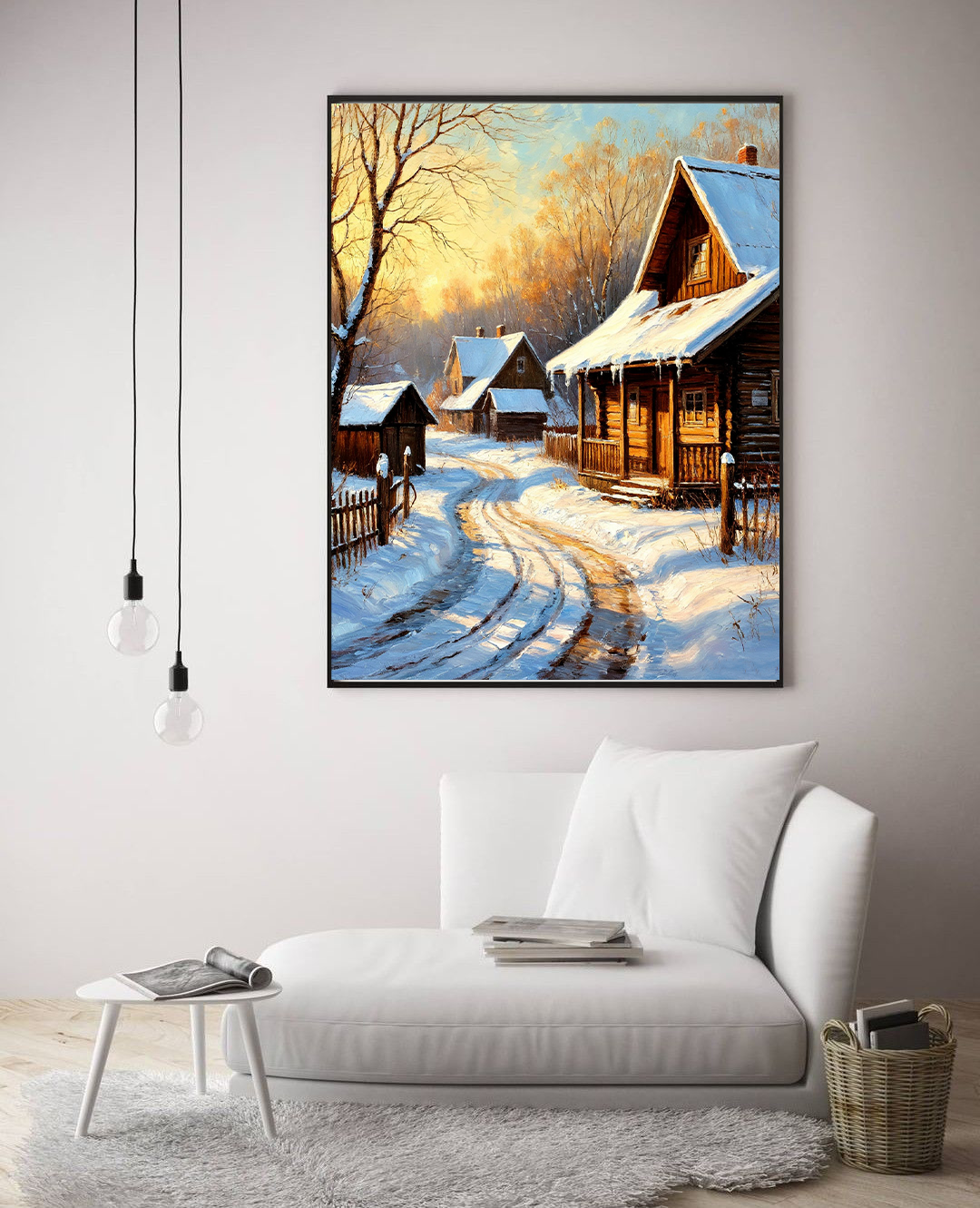 Картина на стену для интерьера "Зимняя деревня" 40х50 см, холст на подрамнике, InterHobby