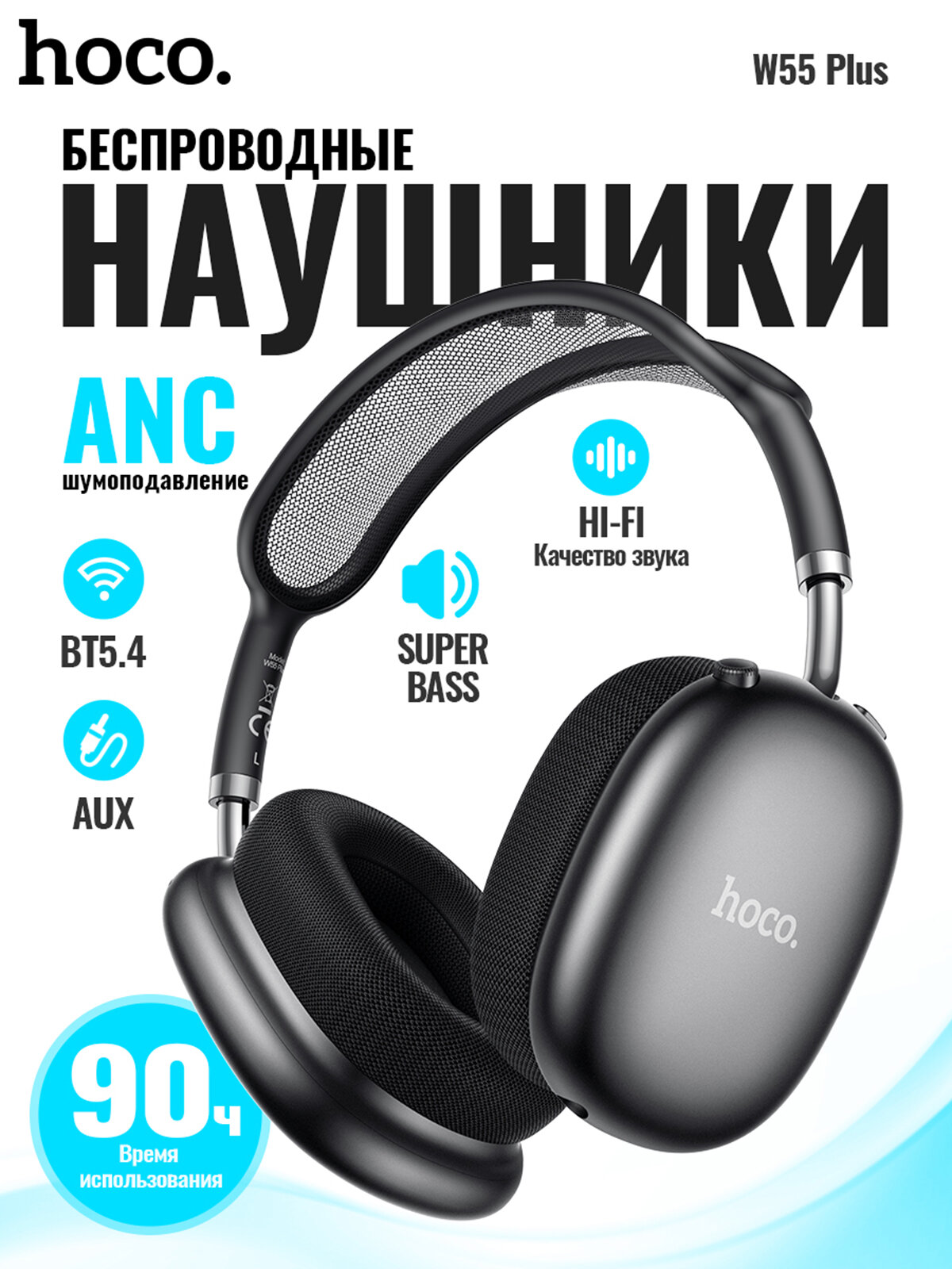 Наушники беспроводные Hoco W55 Plus с активным шумоподавлением ANC, с поддержкой micro SD, AUX, Bluetooth 5.4, серый