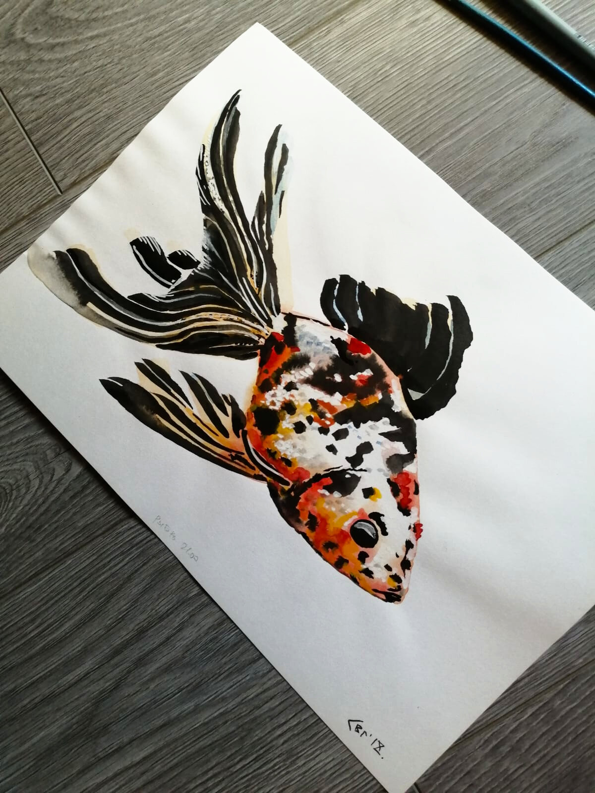 Картина акварелью "Золотая рыбка", ручная работа, 21х30 см, акварель, тушь, бумага