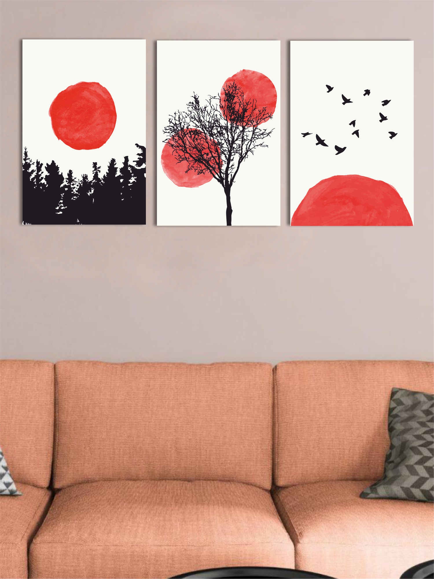 Модульная картина для интерьера на стену, Красное солнце в стиле минимализм 40х60 см - 3шт холст на подрамнике
