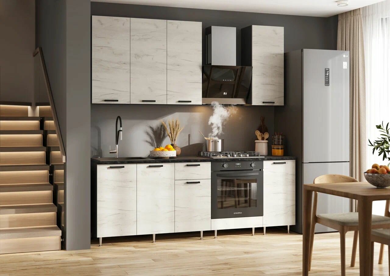 Кухня Рио NEW 2,2 м. Компоновка №2 Дуб Крафт Белый, Графит (Кастилло темный)