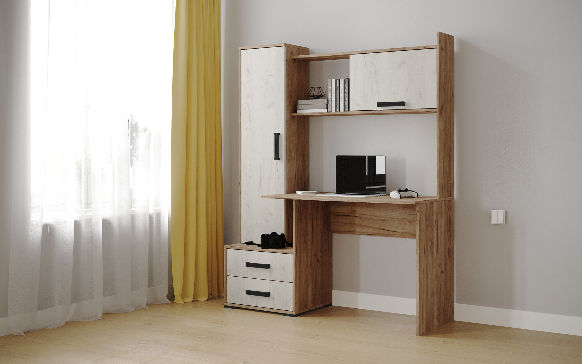 Стол компьютерный с ящиками Квартет-9 171,6х140,0х55,0 см, дуб крафт табачный/дуб крафт белый