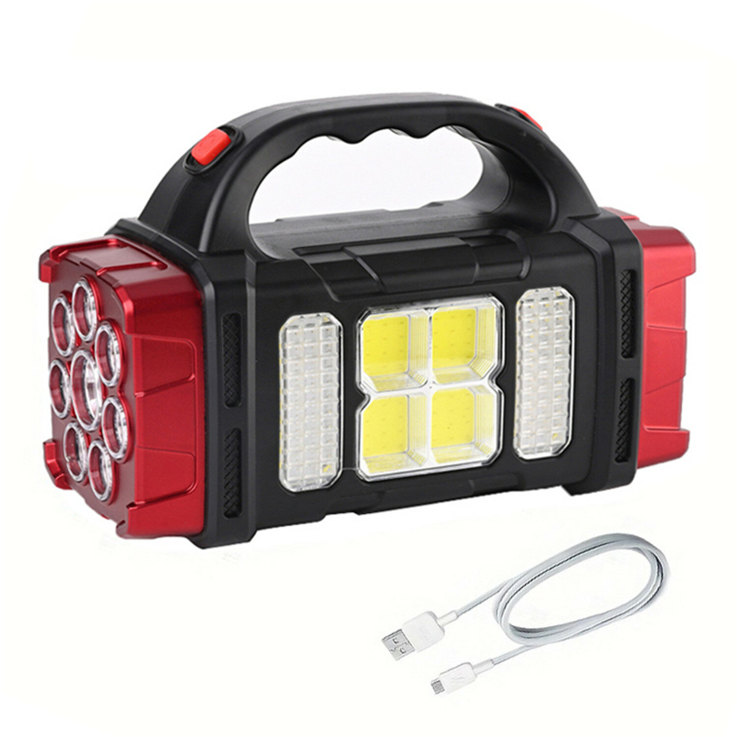 Фонарь с солнечной зарядкой и боковым светом COB, powerful LED фонарь, с USB зарядкой, двойной источник света, для походов, охоты, катания на лодке, аварийных ситуаций, материал ABS, 40LED/76LED, время зарядки 2-3ч, время работы 5-8ч, входящий ток 5V-2A,