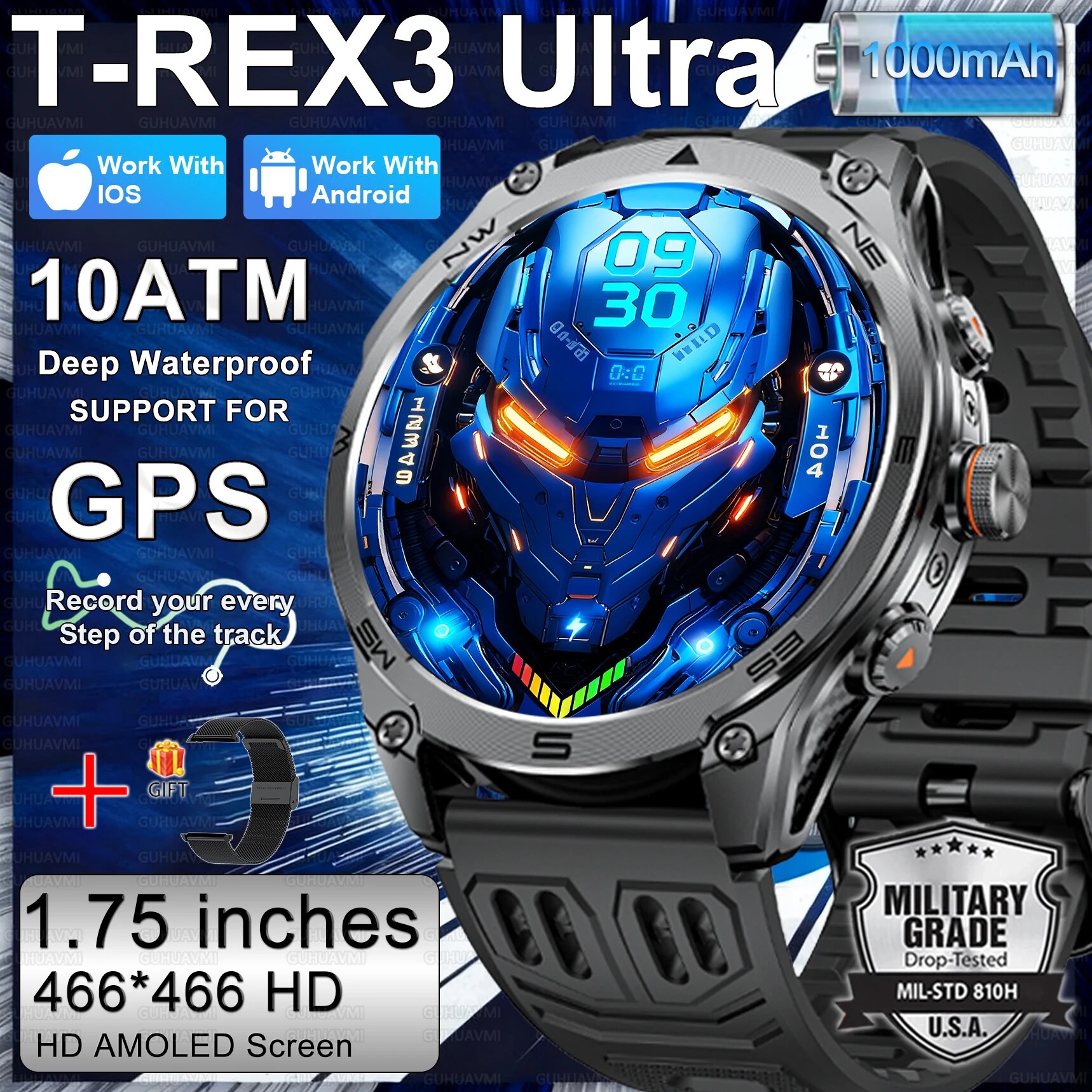 Тактические умные часы 2026 GPS для мужчин Black Mesh Belt