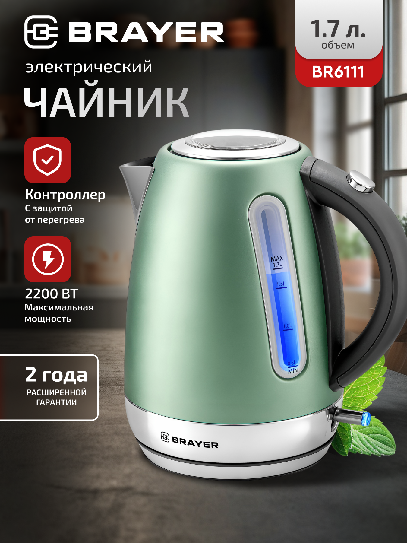 Чайник электрический BRAYER BR6111, 2200Вт, 1,7л, моющийся фильтр, нержавеющая сталь, зеленый
