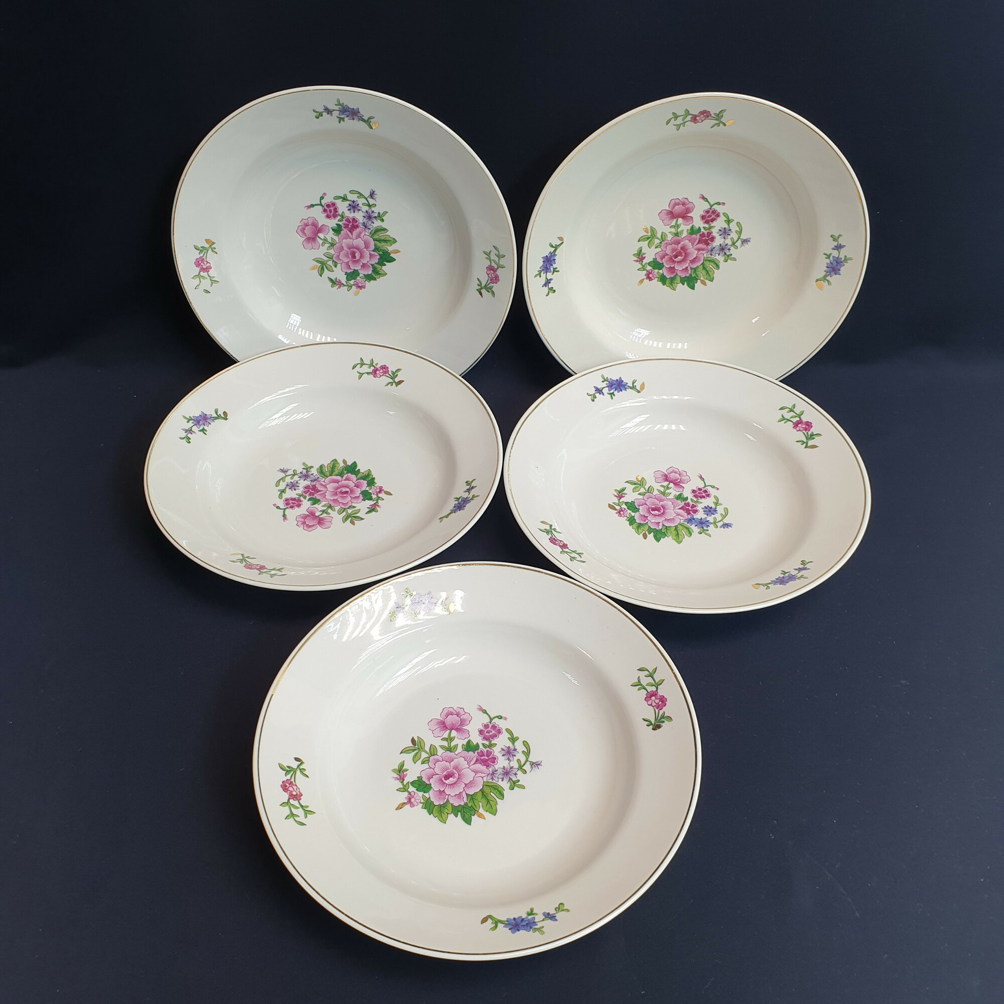 Набор суповых тарелок 5 шт, Дулево, фарфор, деколь, позолота. Винтаж, СССР.