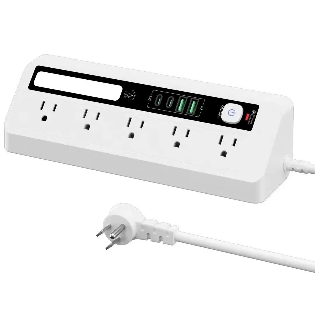 Белый Удлинитель на 5 розеток с ночным светом, USB, защитой от перегрузки, 2.8м, вилка США 3-штырь