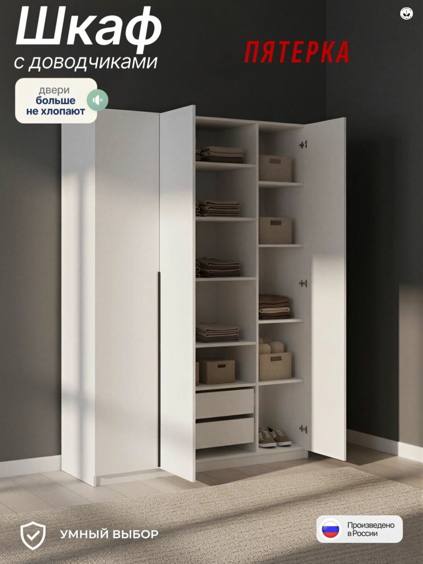 Шкаф для одежды Пятерка распашной, с полками ящиками доводчиками, в спальню детскую гардероб, 160х222х51 см, цвет белый
