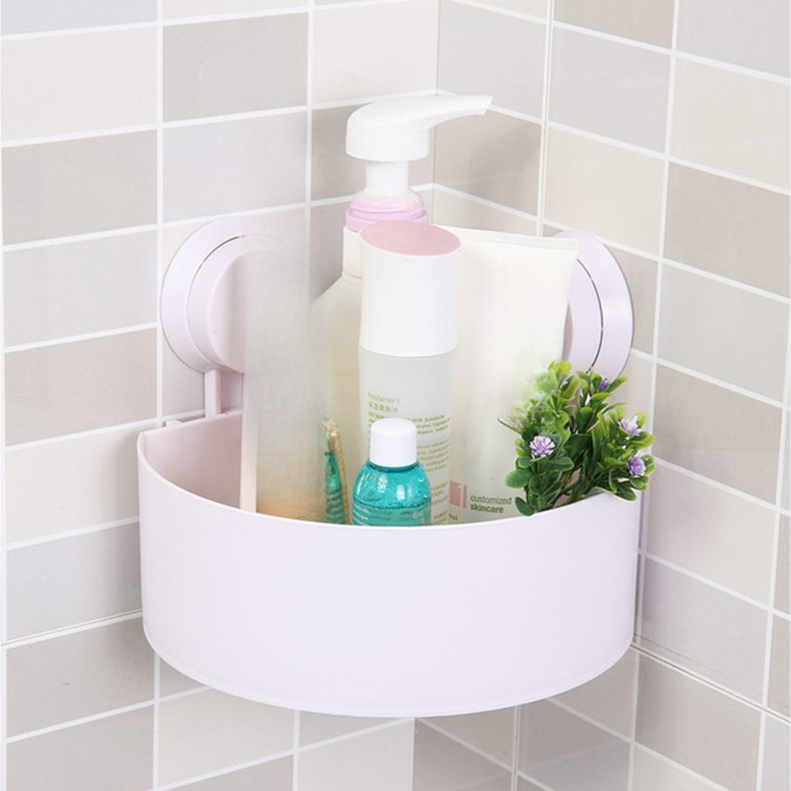 Стойка для ванной комнаты в уголок с сильным вакуумным присоединителем, раковина для стоков, полка для хранения, пластиковая, без следов, треугольная полка, держатель, материал ABS+PVC, цвет как на картинке, размер 14.5x14.5X7.5CM, в упаковке 1x Ванна