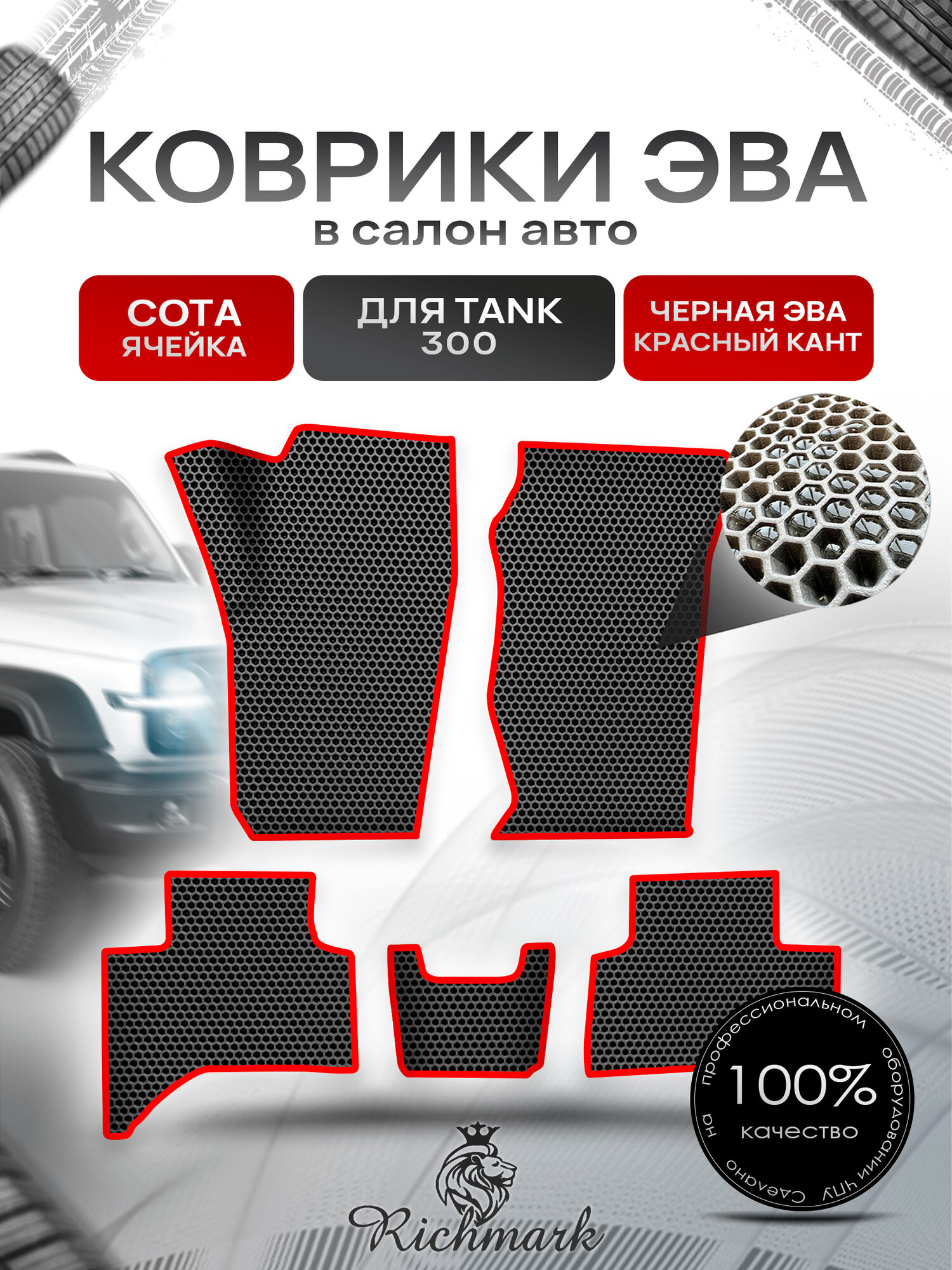Коврики ЭВА сота для автомобиля Tank 300 2021+ / Танк 300 Чёрный С Красным Кантом