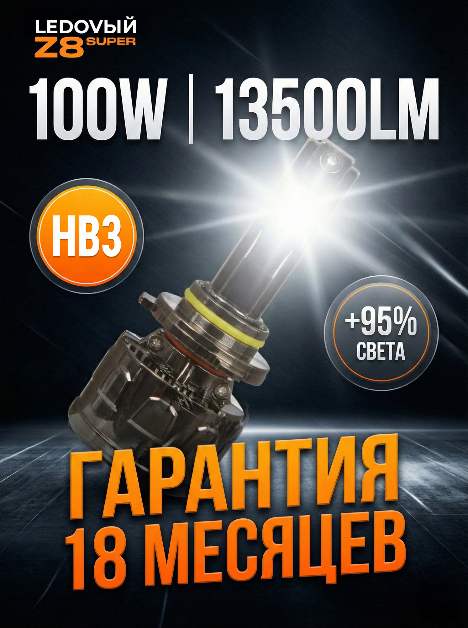 LEDOVЫЙ/LED лампа Z8 SUPER с тройной системой охлаждения/100w/5000k/комплект, для автомобильных фар/ Hb3