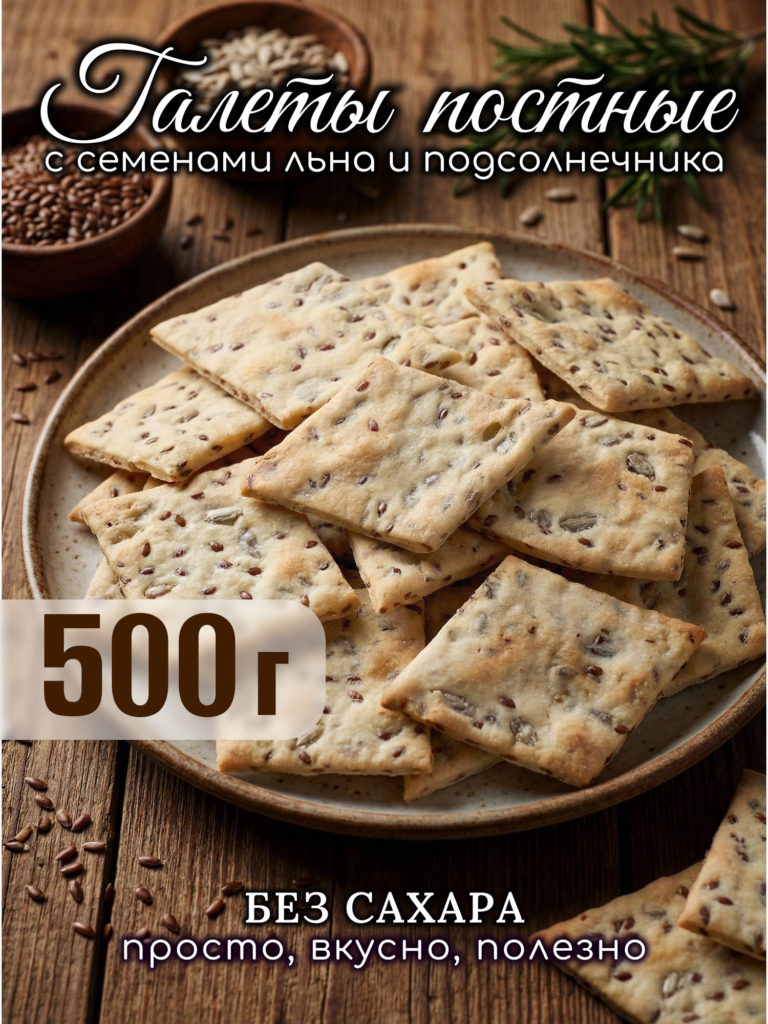 Галеты постные без сахара, с семенами льна и подсолнечника, 500 гр.