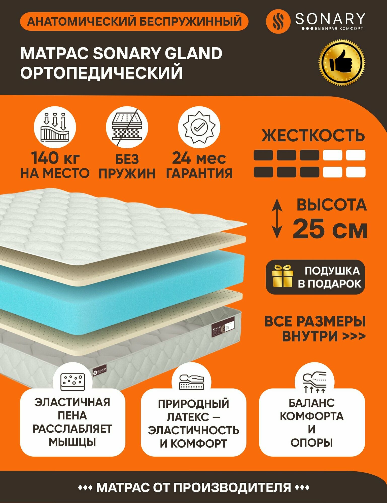 Матрас Sonary Gland 90х210 серии Foam высота 25 см анатомический средней жесткости латексный Беспружинный