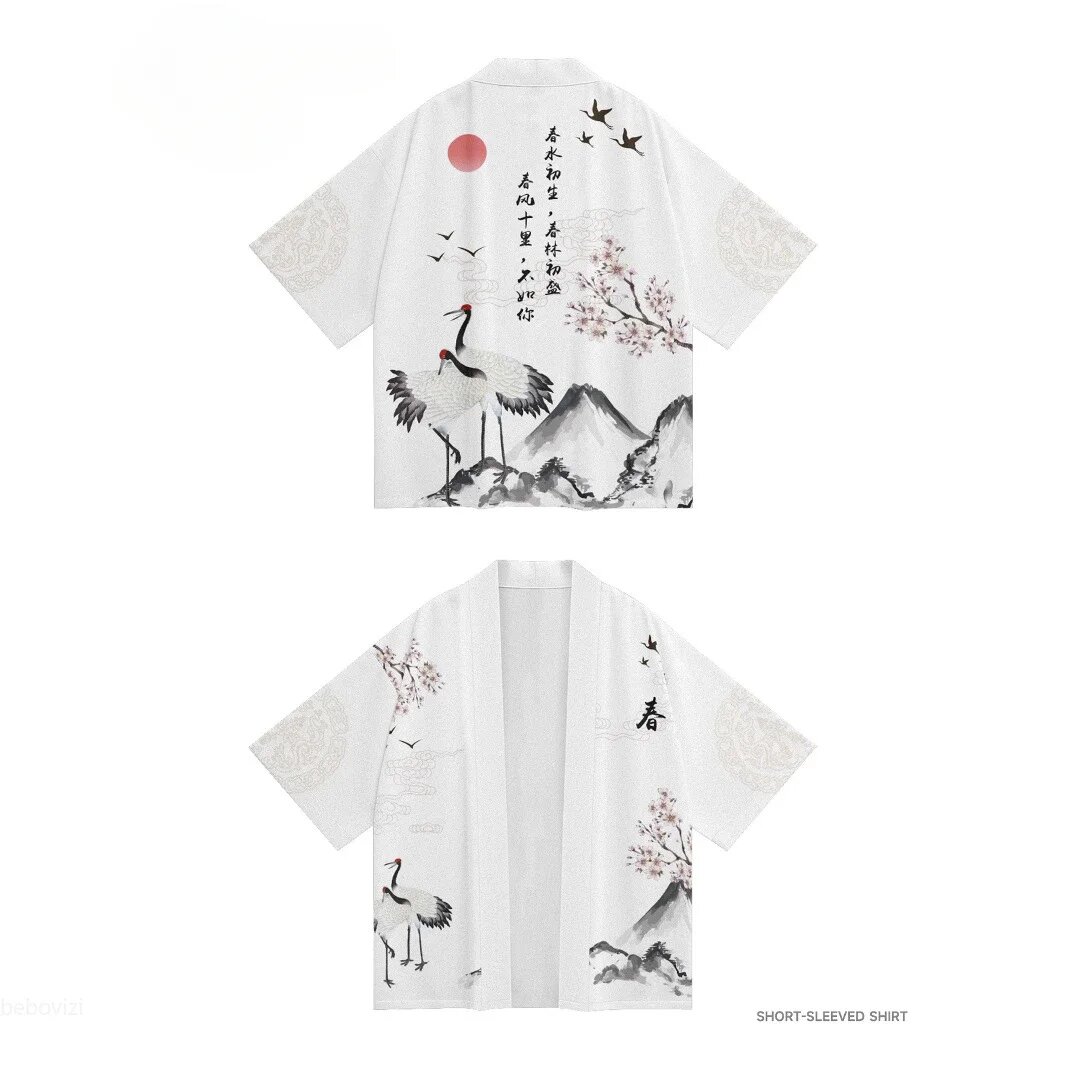 Белый хаори с принтом журавля, Size: S