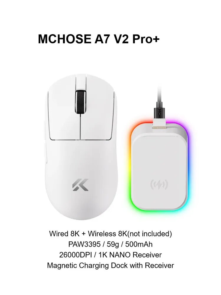 MCHOSE Мышь беспроводная A7 V2 Pro+, белый, салатовый