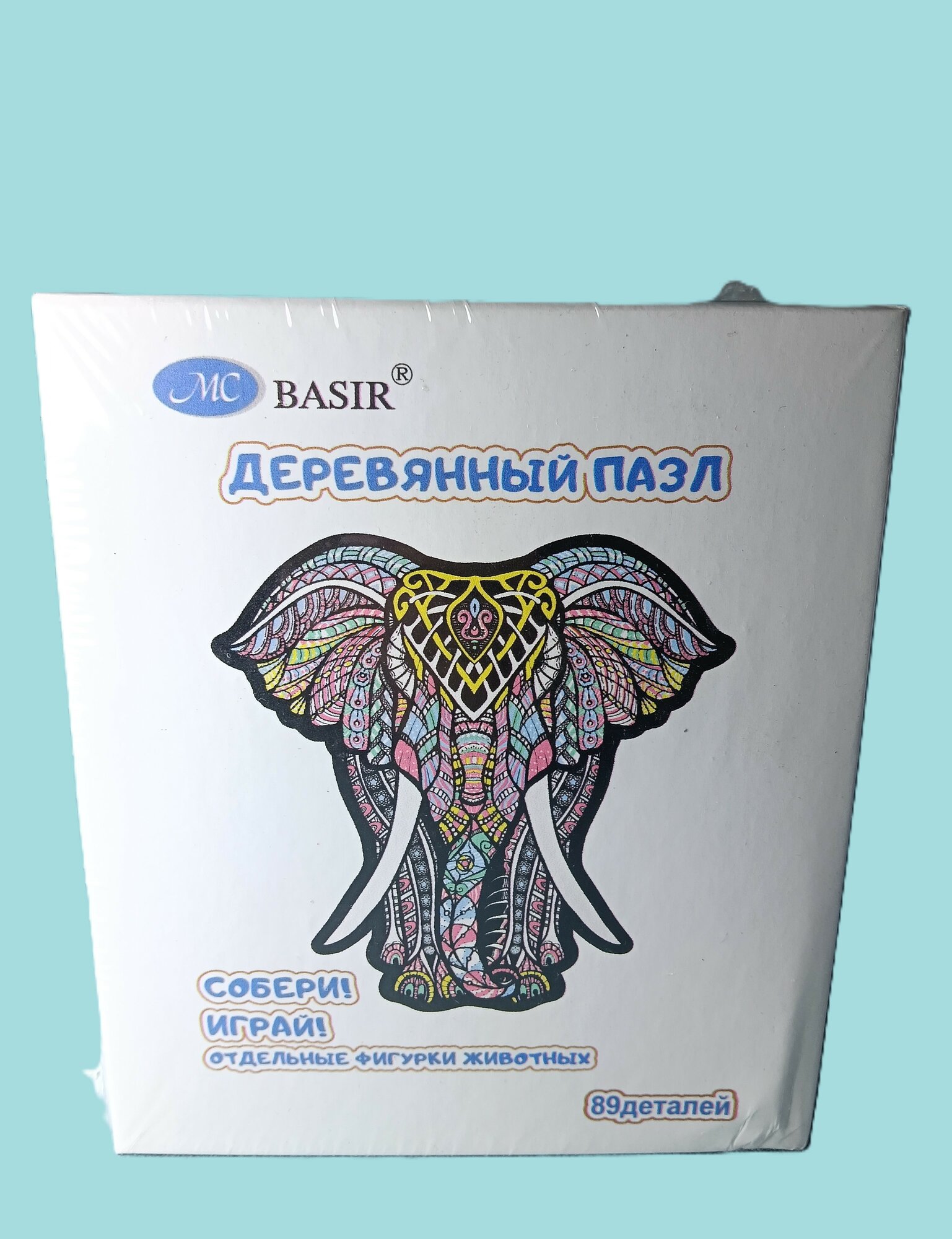 Деревянный пазл "Слон", отдельные фигурки животных, 89 деталей.