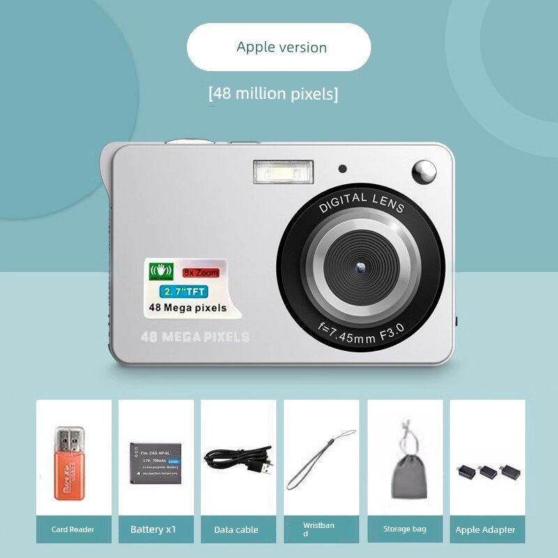 Серебристый цифровой фотоаппарат с экраном HD, 8-кратным зумом, версия для iOS, 64 ГБ памяти для учебы и влогинга