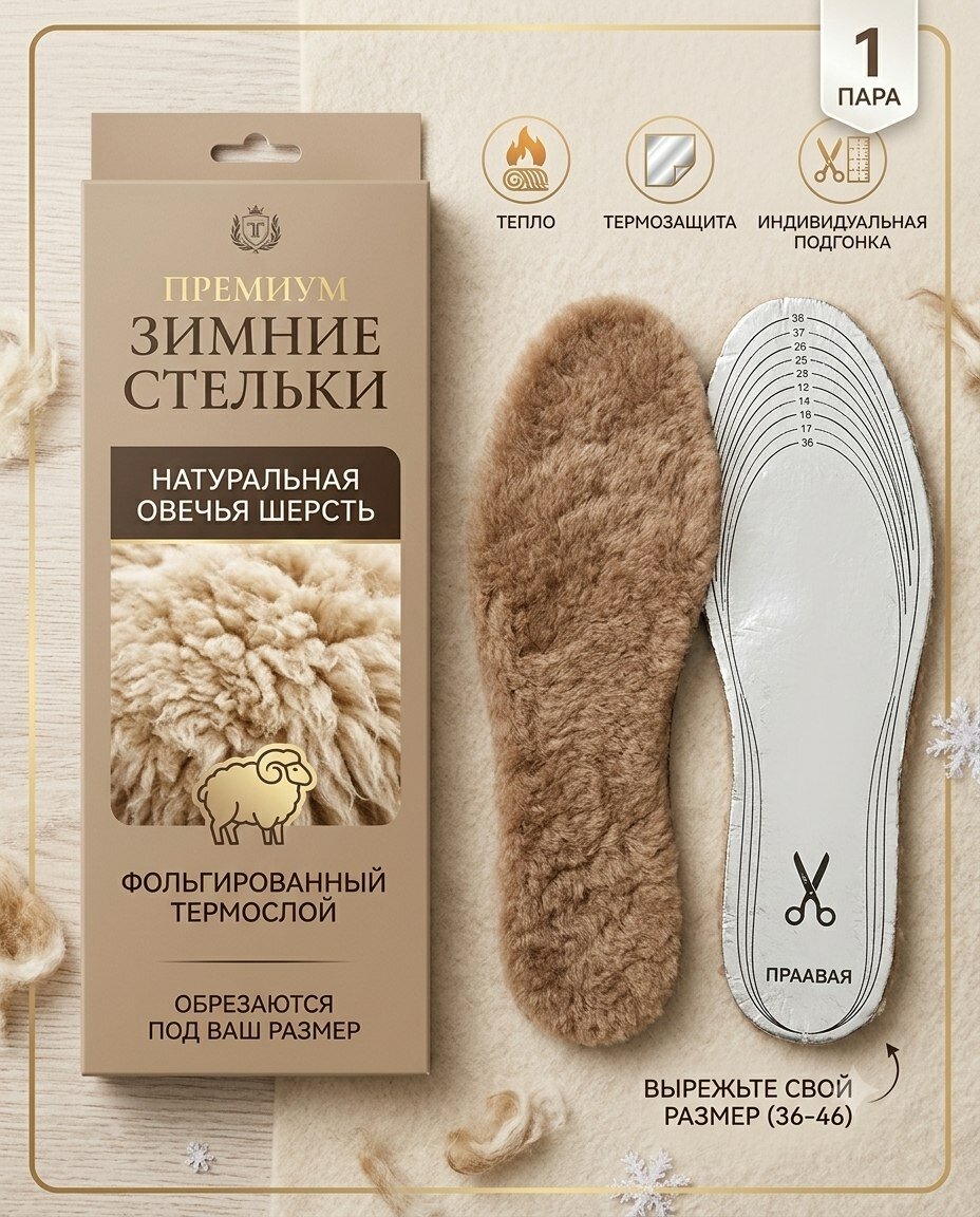 Стельки для обуви зимние из овечьей шерсти для любых видов обуви