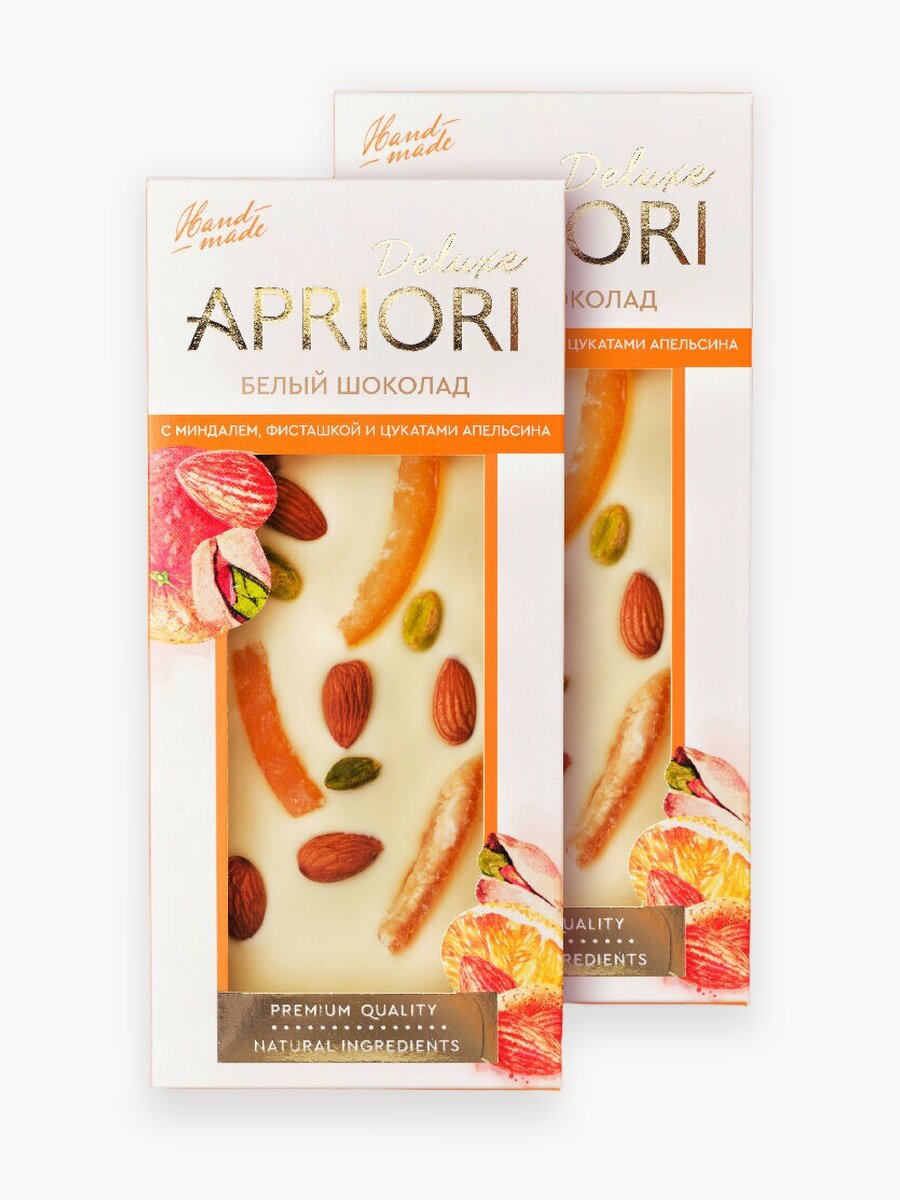 Шоколад белый Apriori ручной работы с миндалем, фисташкой и цукатами апельсина, 2 шт. по 85г