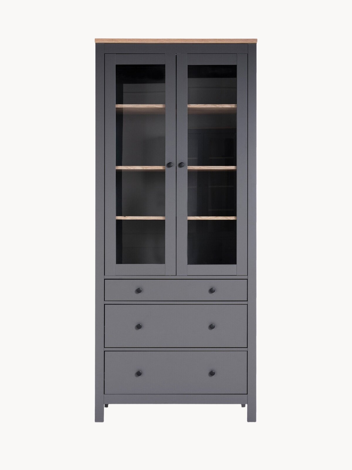 Шкаф с витриной ГУД лакк Сага, 3 ящика, 90х41х216 см, шариковые направляющие с доводчиком, серый/ясень