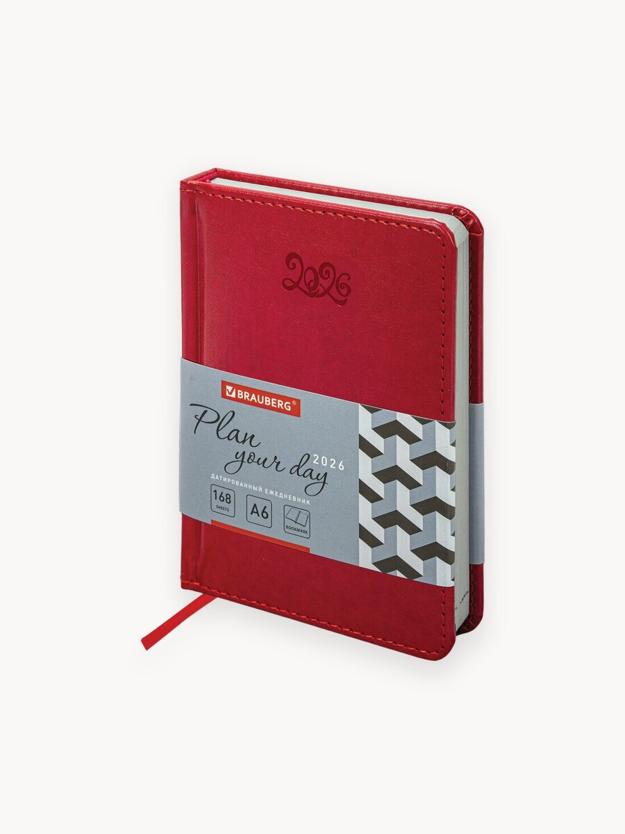 Ежедневник датированный 2026, планер планинг, записная книжка А6 100х150 мм, обложка под кожу, красный, Brauberg, 117256