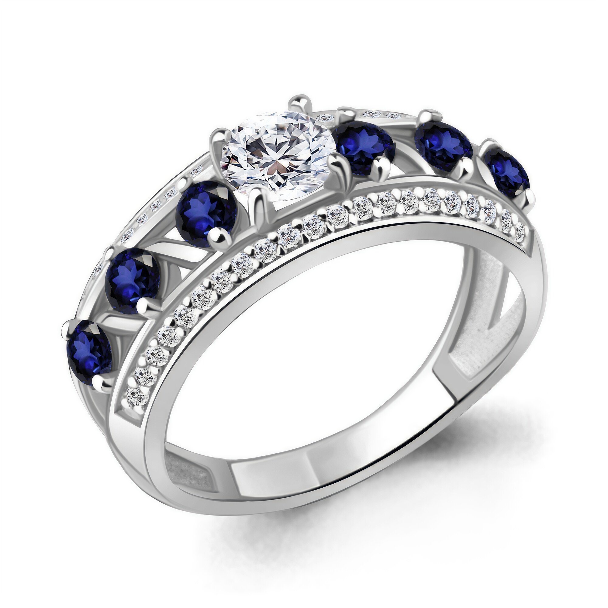 Кольцо дорожка, серебро, 925 проба, родирование, фианит, сапфир синтетический