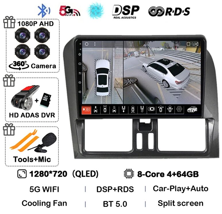 Android 15 Carplay Auto для Volvo XC60 I 1 2008 2009 2010-2017 Автомобильный радиоприемник GPS Мультимедийный плеер 2Din Стерео DSP Видео 4G-64G 360 DVR