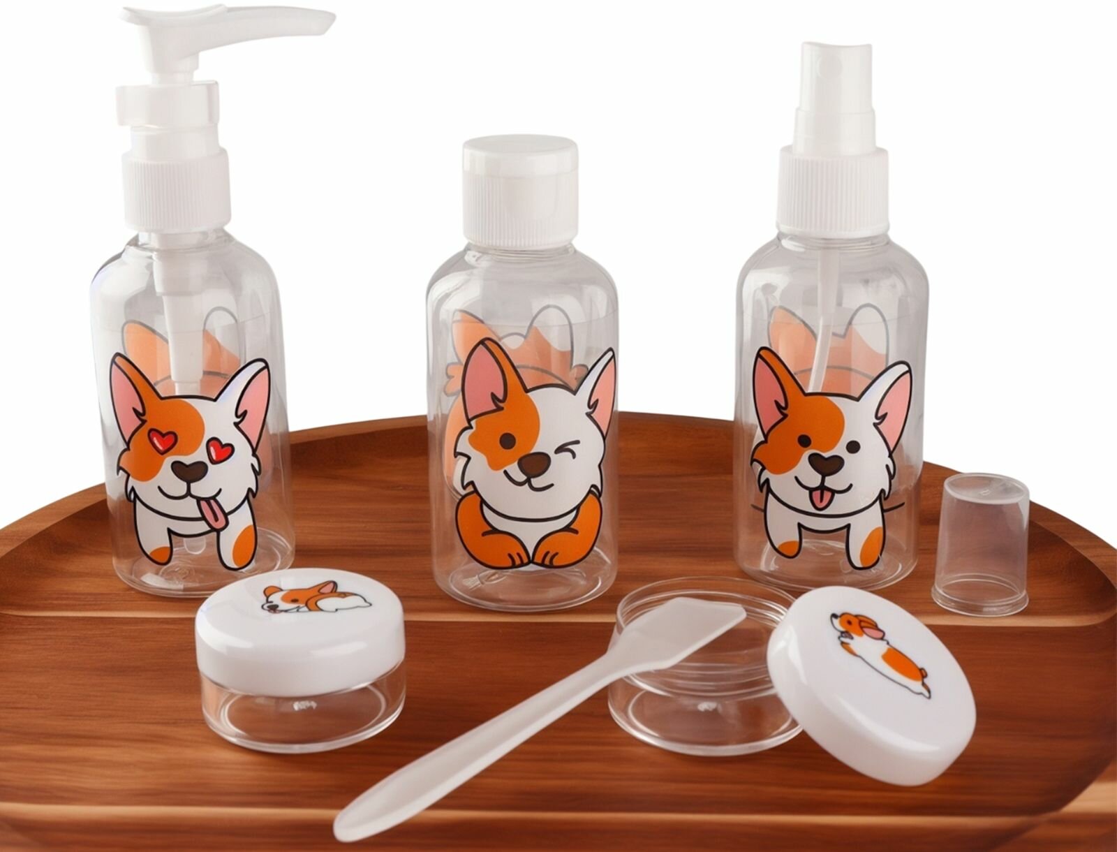 Набор для хранения "Корги" в чехле, дорожный комплект бутылочек с дозатором и распылителем, баночки для крема с лопатками, емкости для путешествий и косметики, 6 предметов, разноцветный