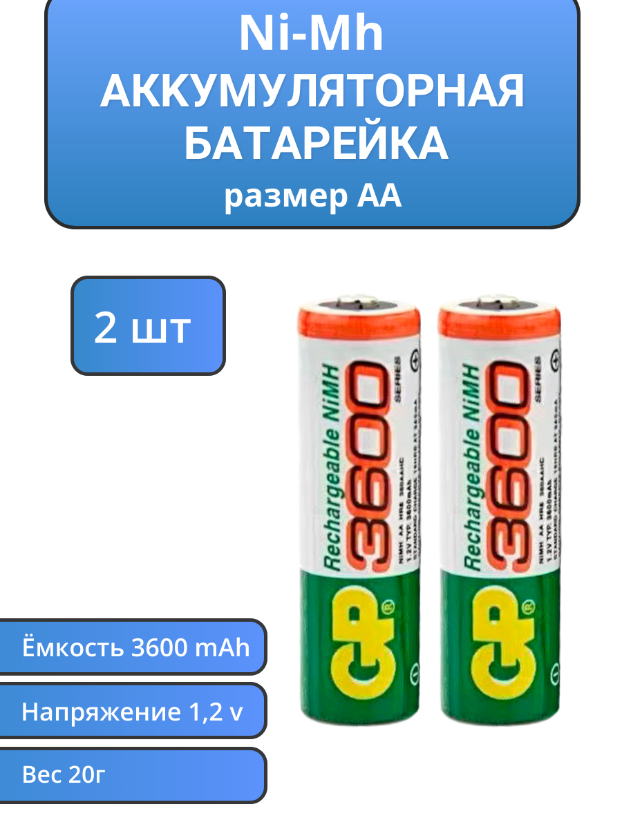 Аккумуляторная батарейка, Ni-MH, типоразмер AA, 3600 Ma/h, 2шт.