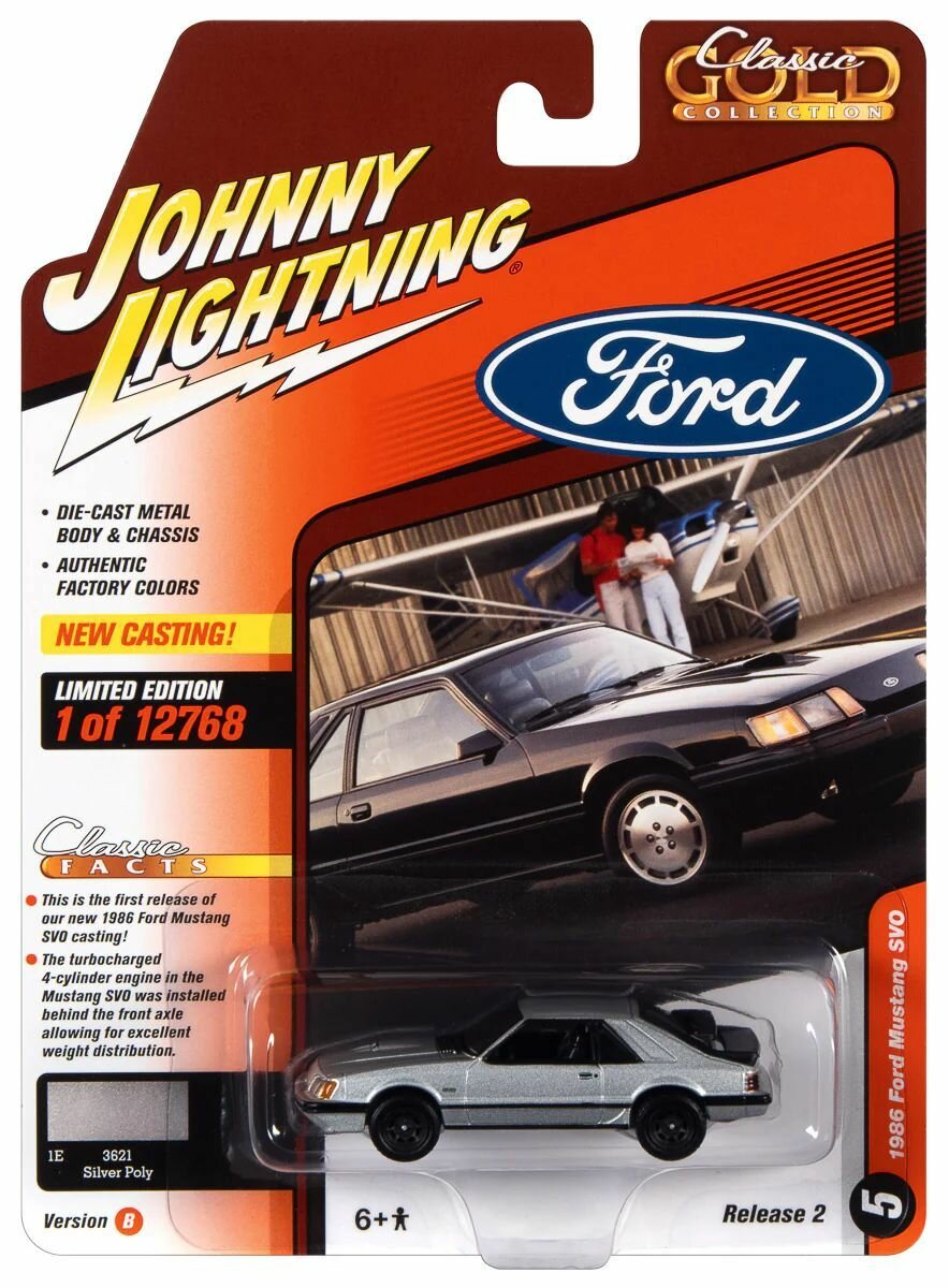 Johnny Lightning 1986 Ford Mustang SVO Silver (серия Classic Gold, JLSP247B) - коллекционная машинка