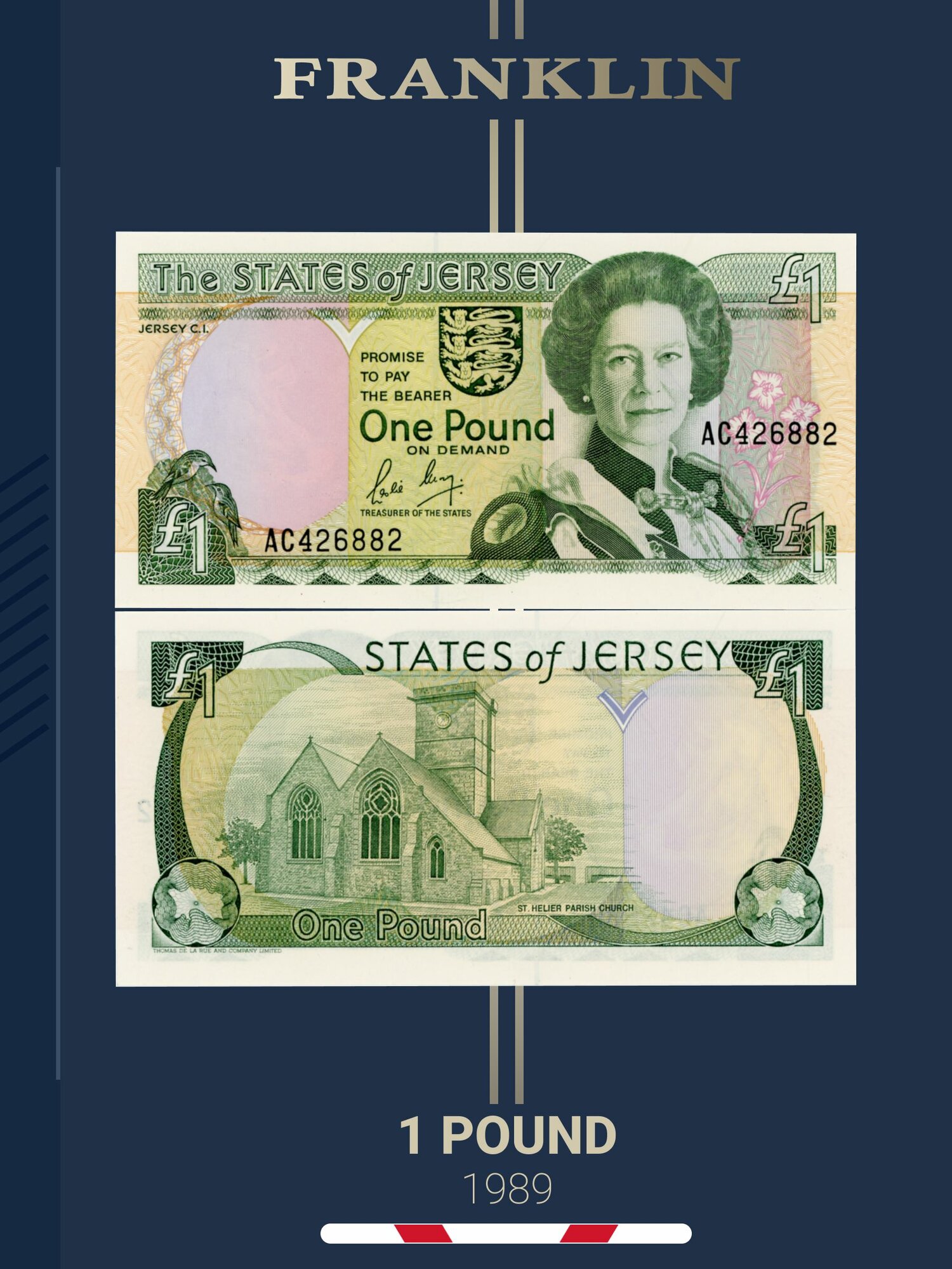 Банкнота Джерси 1 фунт ONE POUND 1989 год Uncirculated (UNC) Pick 15