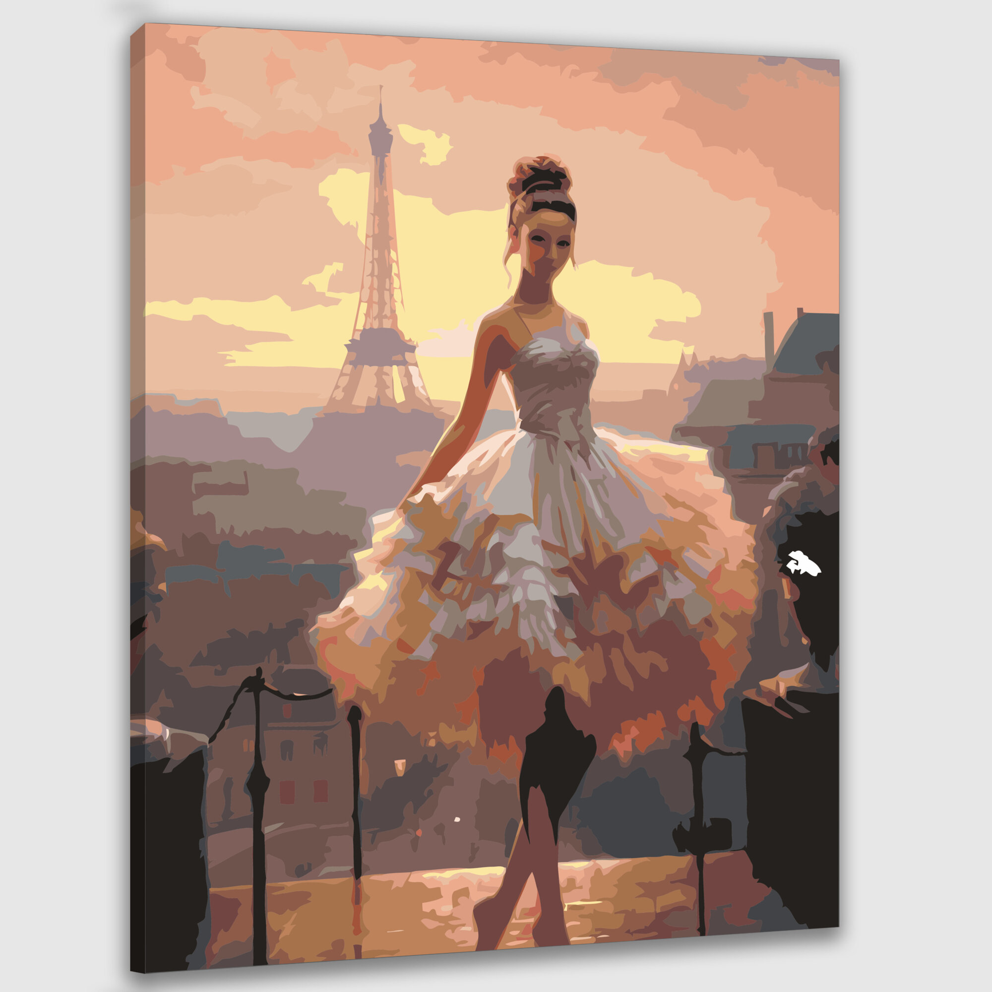 Картина по номерам 40x50 см, картина маслом, парижская балерина, пачка, пуанты, улица, Эйфелева башня, закат
