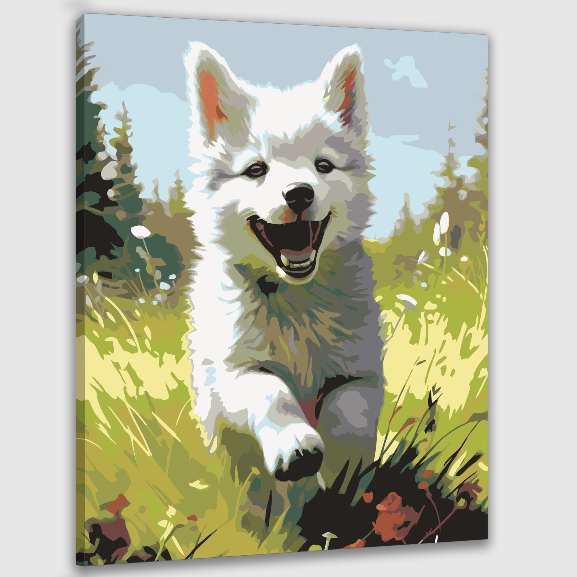 Картина по номерам 40x50 см, щенок, хаски, игривый, залитый солнцем луг, пушистая шерстка, белая, яркая зеленая трава