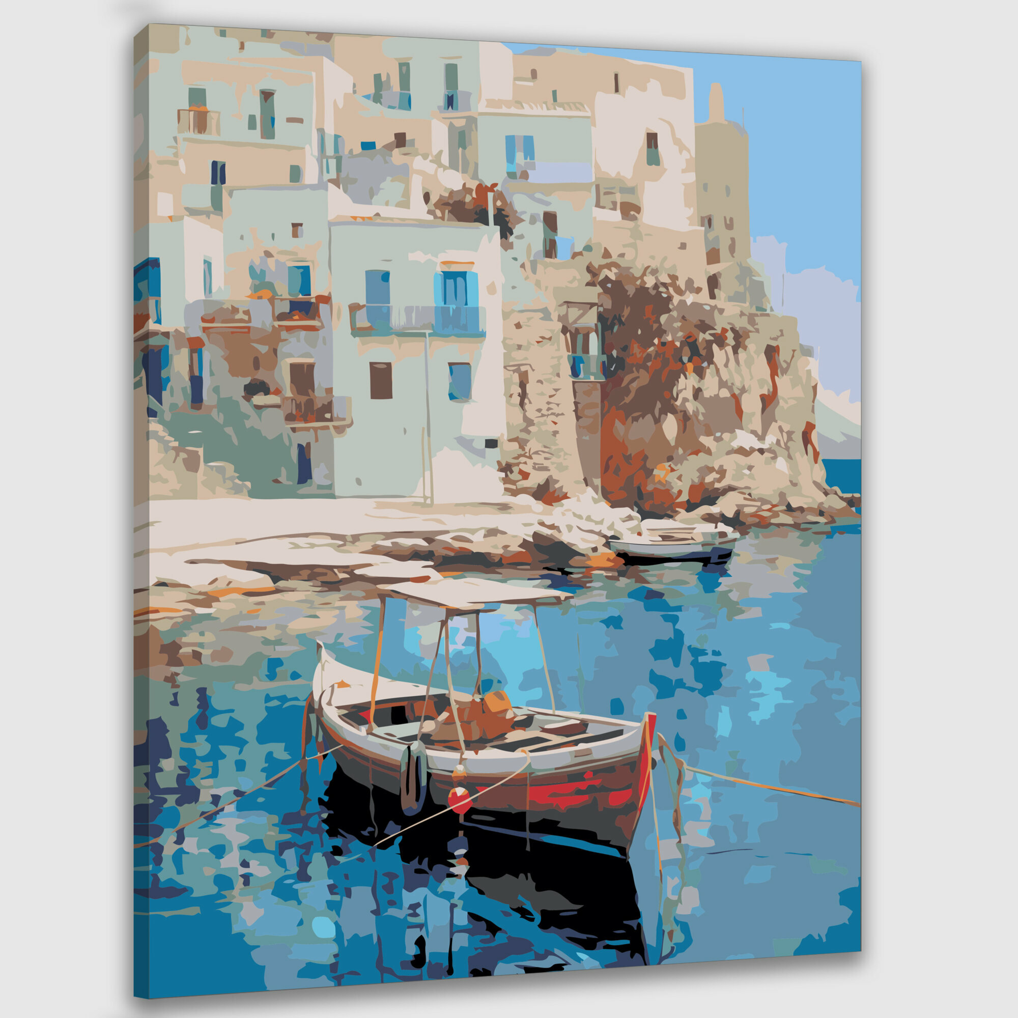 Картина по номерам 40x50 см, картина, масло, греческая рыбацкая лодка, разноцветные сети, флаги, лазурные воды